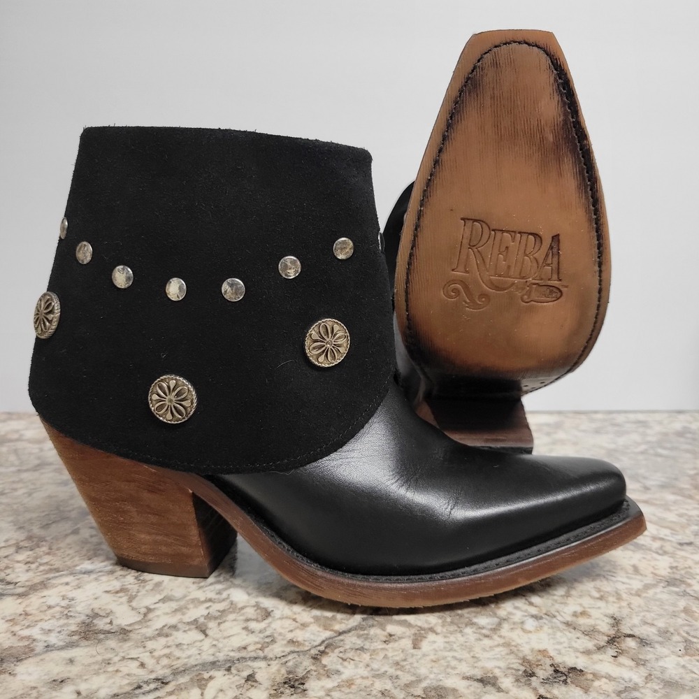 Reba By Justin Black Leather Studded Ankle Boots Wome… - Gem